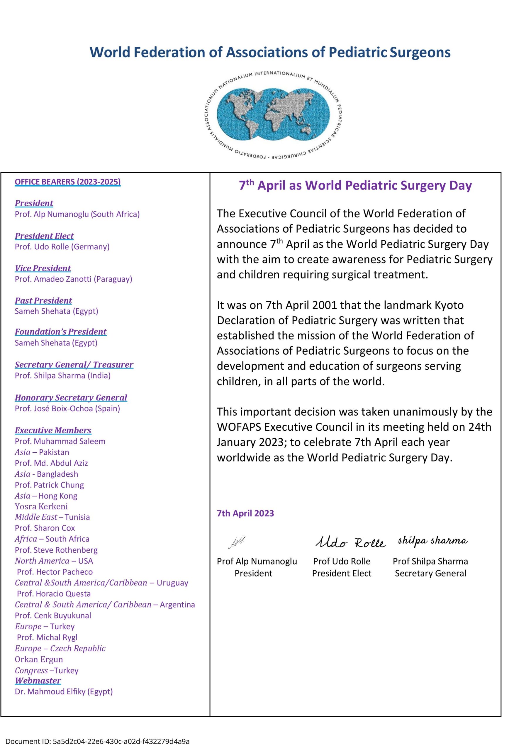 7th April as World Pediatric Surgery Day - WOFAPS